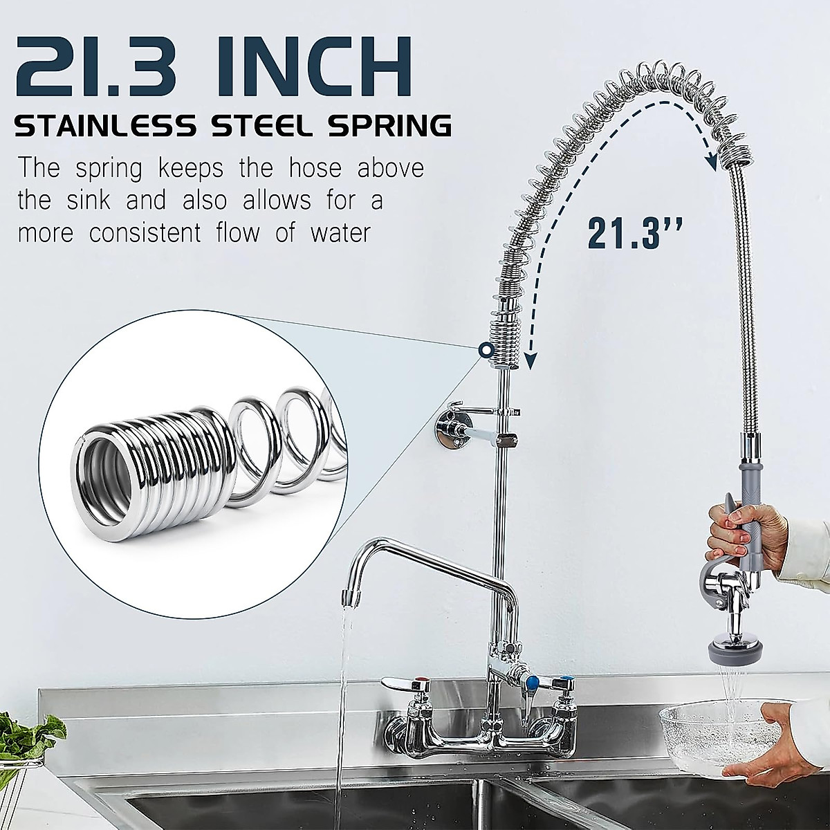 Spray Valve with 38” Commercial Sink Sprayer Hose and Pre Rinse Hose Spring, Pre Rinse Sprayer with Flexible Stainless Steel Hose & Spring Assembly for Commercial Kitchen Faucets (Grey)