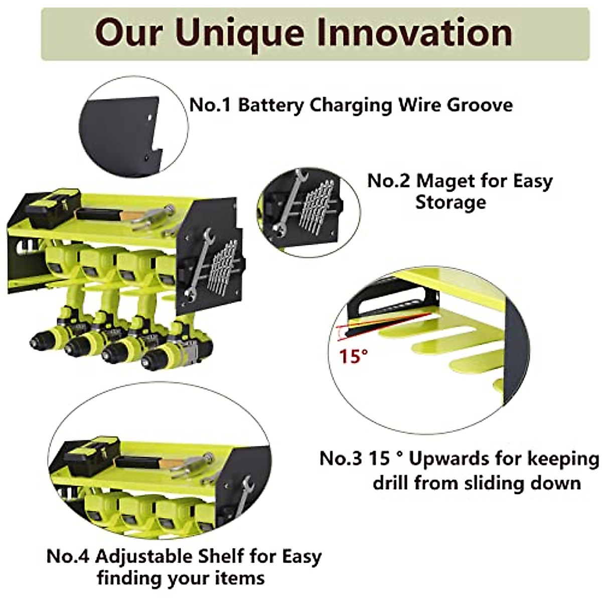 Drill Storage Rack，Power Tool Organizer Drill Holder Wall Mount， Drill Organizer for Garage, Workshop,Drill Bit Storage Shlef, Holds 4 Drills with Screws Box (Green-2 Layer)