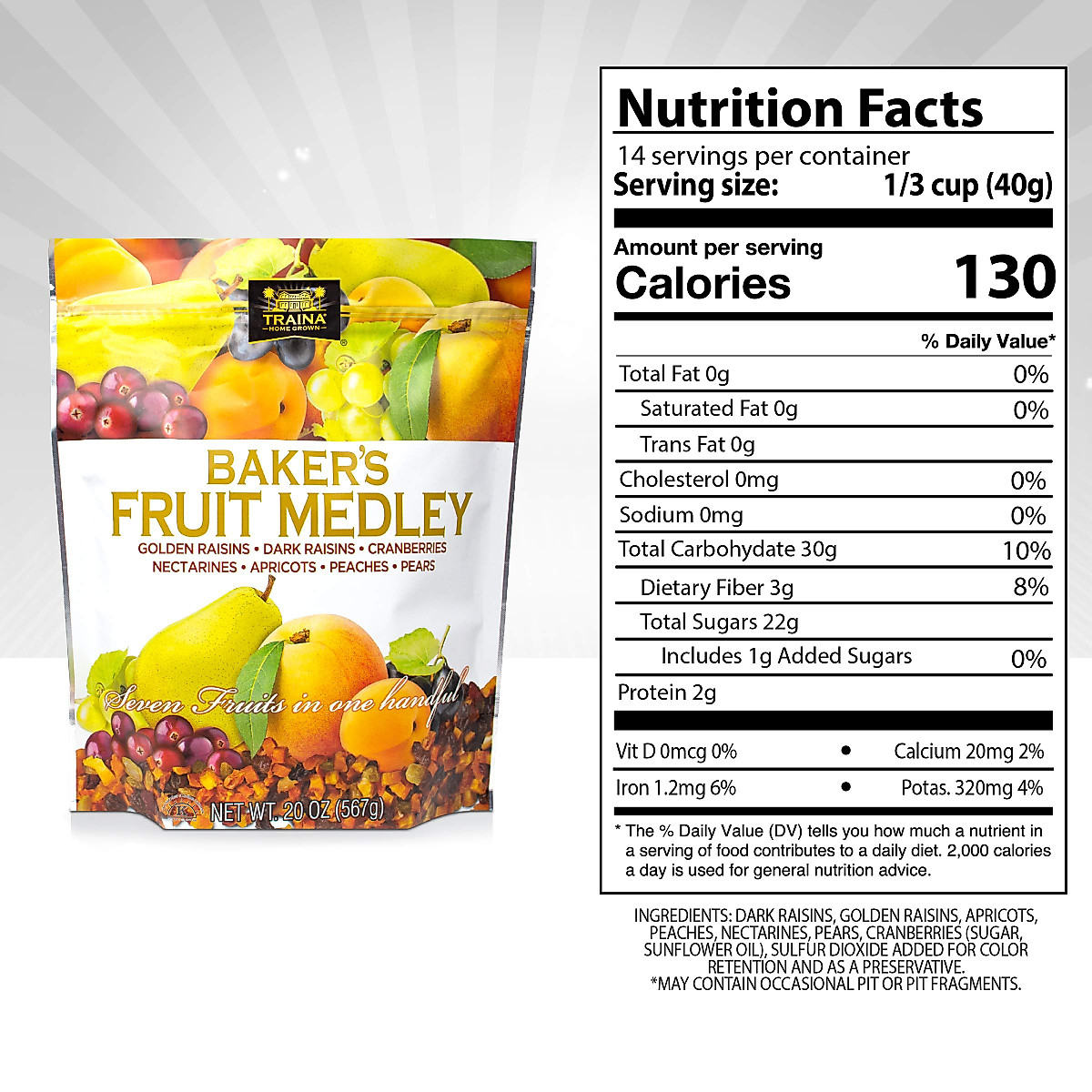 Traina Home Grown Baker’s Fruit Medley - Diced Peaches, Cranberries, Apricots, Pears, Nectarines, and Raisins - Non GMO, Gluten Free, Value Size (20 oz)