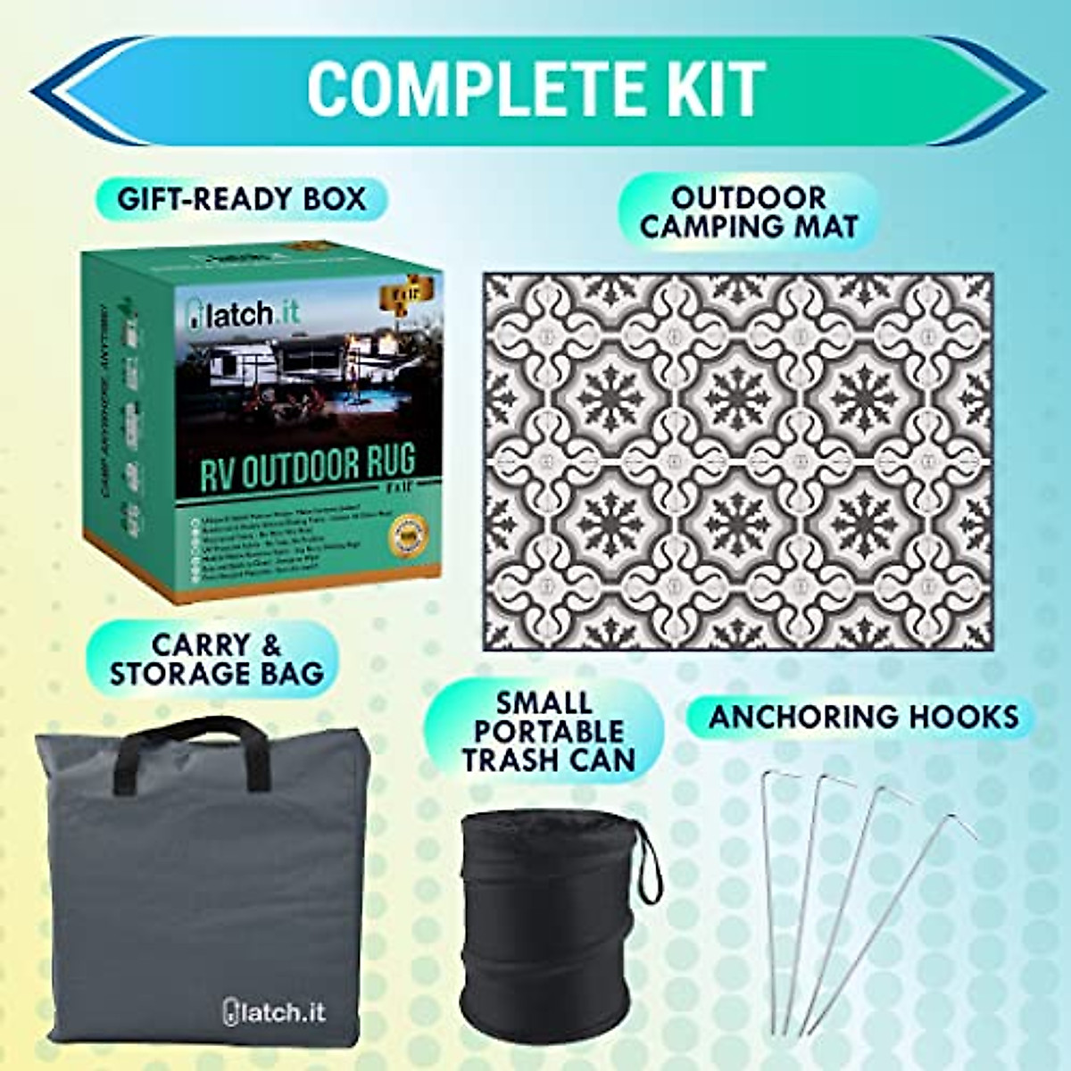 LATCH.IT RV Outdoor Rugs 9x12 | Reversible RV Outdoor Mat Camper Rugs | Camping Outdoor Rugs | The Perfect RV Patio Mat for Any Situation & Includes Portable Small Trash-Can!