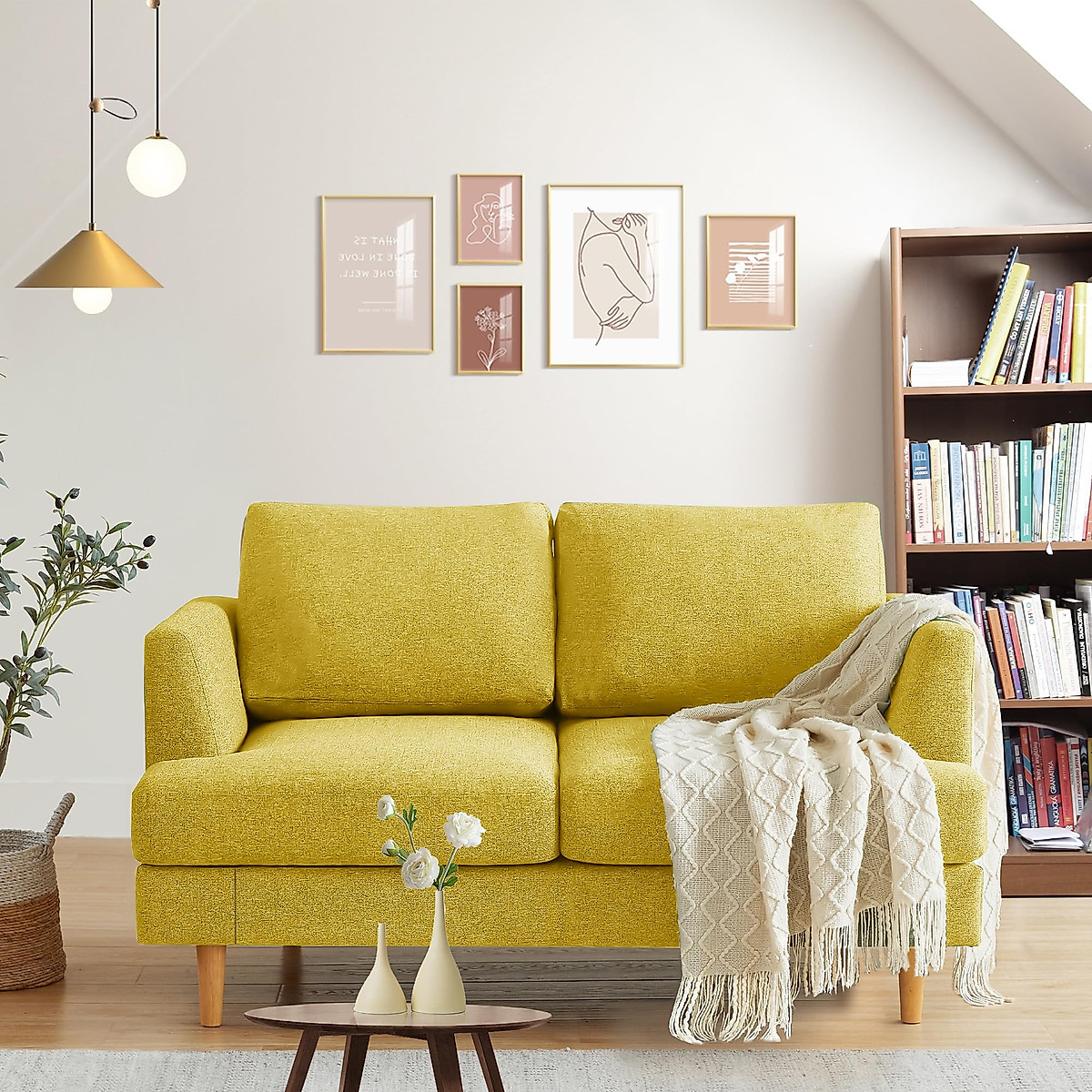 Busaurus Loveseat Sofa with Deep Seats, 56" Small Couches for Small Spaces, Mid Century Love Seat Couches for Living Room, Upholstered 2-Seater Small Couch for Bedroom, Apartment, Yellow