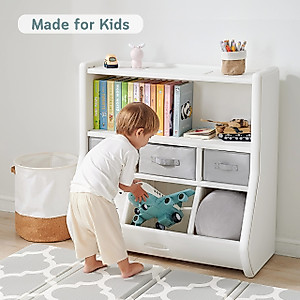 The Montessori Toy Storage Organizer by Fortella, with Bookshelf, Display Shelf, 3 Large Bins, and 3 Removable Drawers, Made of BPA and Formaldehyde FREE HDPE, Safe and Modern Toy Box Cabinet for Kids