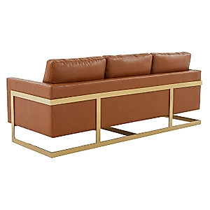 LeisureMod Lincoln Modern Mid-Century Upholstered Leather 83" Sofa with Gold Frame (Cognac Tan)