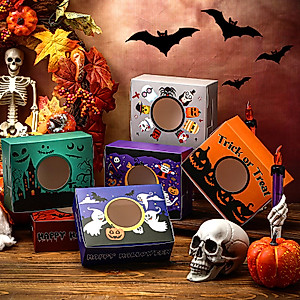 MotiMind 36 Pieces Halloween Cookie Boxes with Window Halloween Treat Boxes Pumpkin Ghost Popcorn Boxes 6.3 x 5.12 x 2.36 Inch Paper Halloween Candy Bowl Snack Tray for Trick or Treat Party Supplies