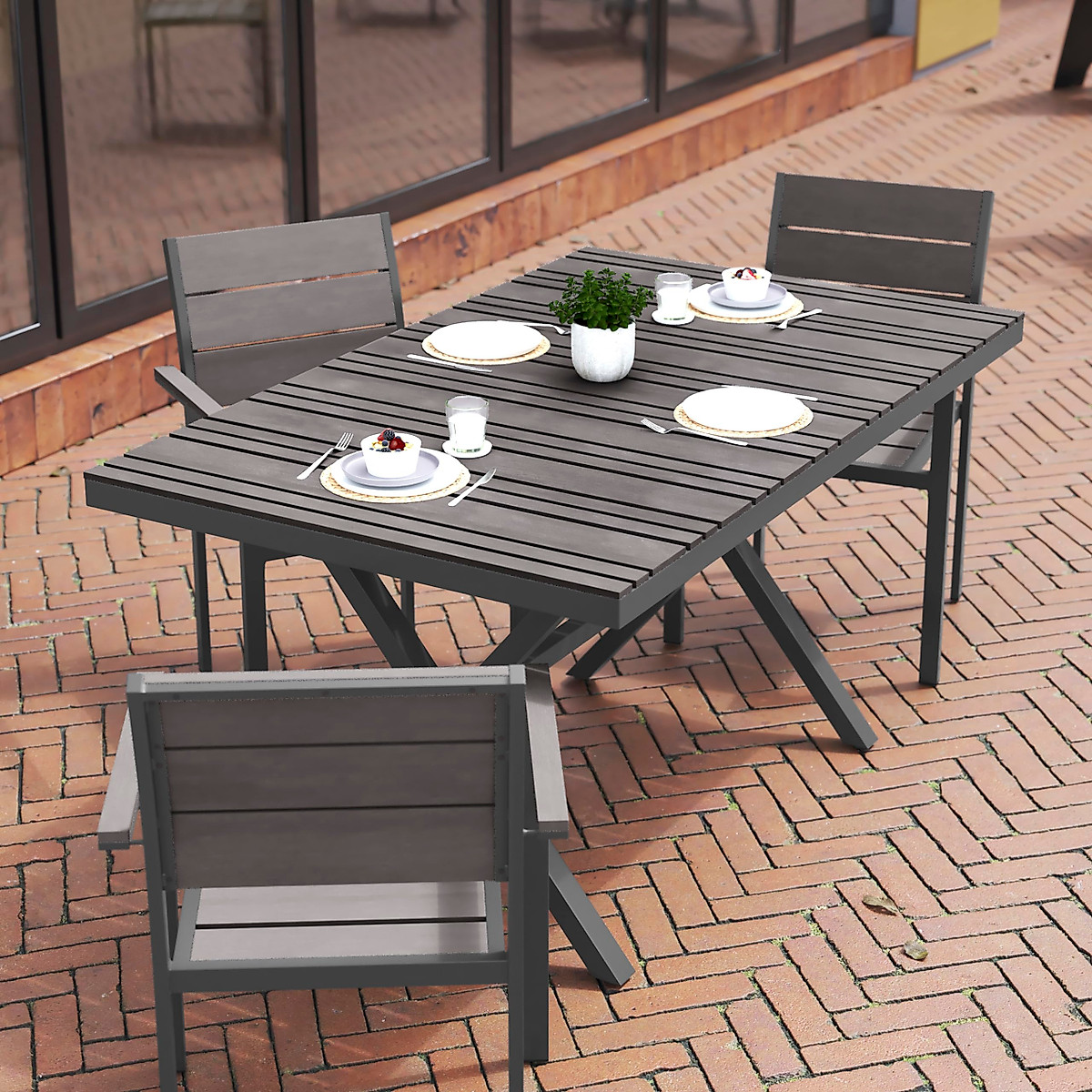 Flash Furniture Finch Commercial Grade X-Frame Outdoor Dining Table 59" x 35.5" with Faux Teak Poly Slats and Metal Frame, Gray/Gray