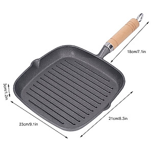 Cast Iron Grill Pan,Square Nonstick Grill Pan,Multipurpose Prevents Stick Quadrate Steak Pan,Stove Top Grill Pan with Detachable Wooden Handle for Bacon Steak Onion