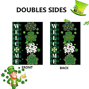 Shamrocks Welcome Garden Flags, St Patrick's Day Green Buffalo Plaid Garden Falg Vertical Double Sized Burlap Spring Flag for House Yard Outdoor Decor 12.5 x 18 Inch