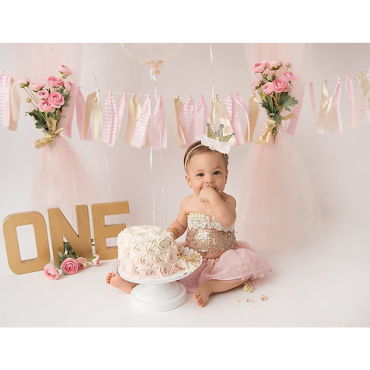 LINLULU 1st Birthday Crown Headband for Baby Girls - Elastic Pink Glitter Mini Crown, Princess Crown Headband, Tulle Bow Crown Baby Headband, Cake Smash Photo Prop (pink baby headband)