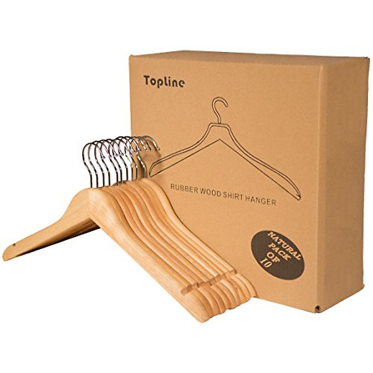 Topline Classic Wood Shirt Hangers - Natural Finish (10-Pack)