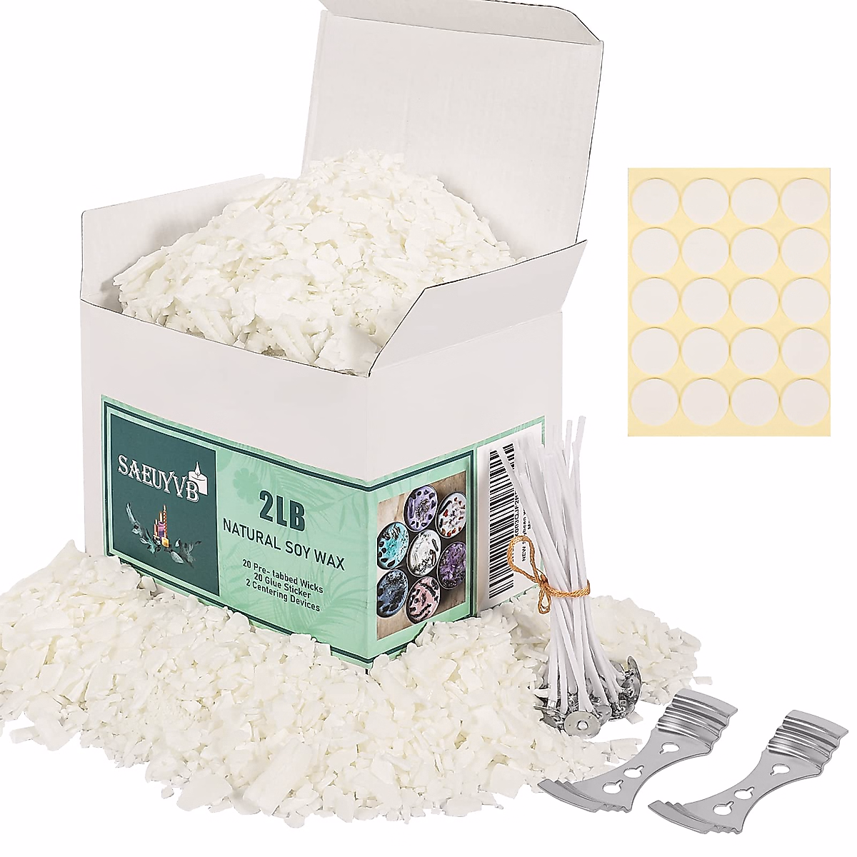 SAEUYVB Natural Soy Candle Wax and Soy Candle Wax for Candle Making - 2 lbs Soy Wax for Candle Making,Premium Soy Candle Wax.20 Candle Wicks, 20 Wick Stickers, and 2 Centering Devices