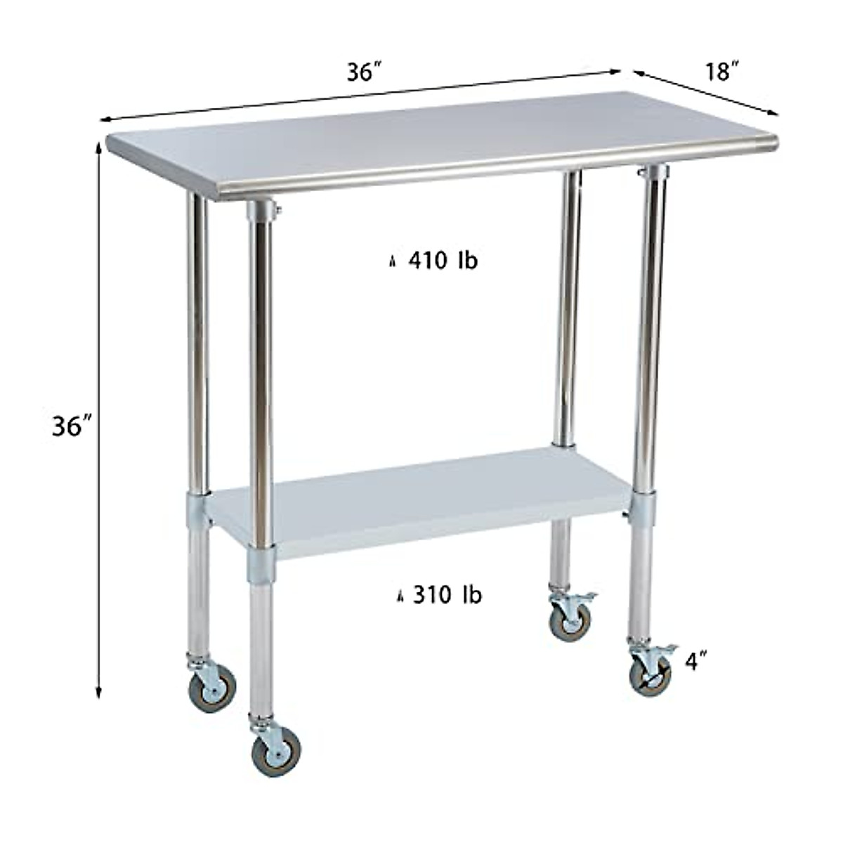 Stainless Steel Work Table w/ Undershelf and Casters,36" x 18" inch Commercial Kitchen Work & Prep Table for for Restaurant, Home and Hotel.