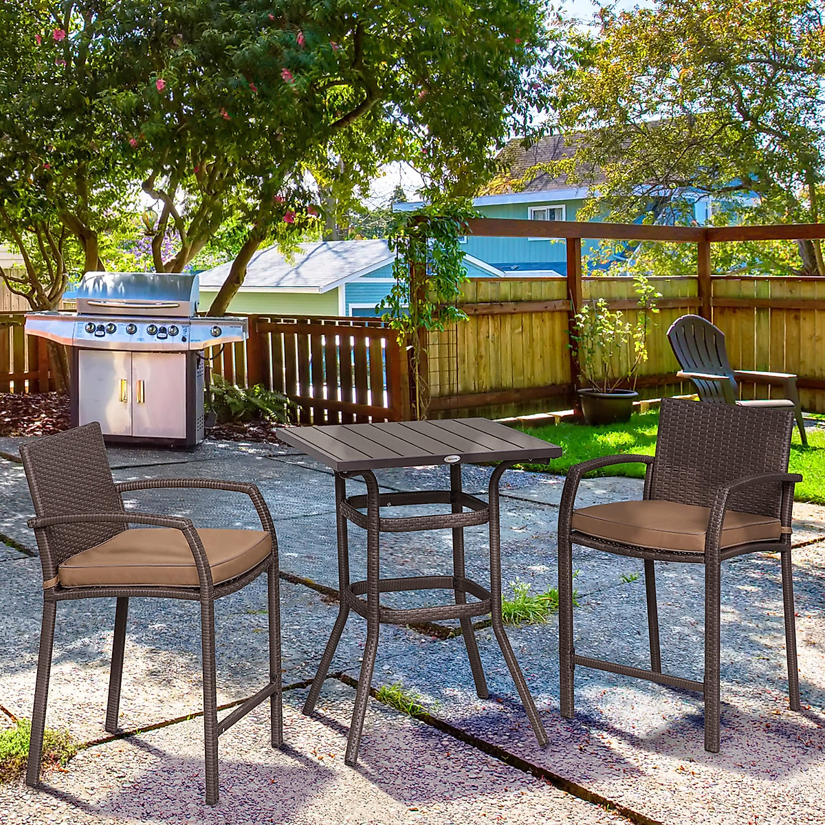 Outsunny 3 PCS Rattan Wicker Bar Set with Wood Grain Top Table and 2 Bar Stools for Outdoor, Patio, Poolside, Garden, Brown