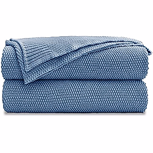 Queenshin 100% Cotton Cozy Cable Knit Throw, Lightweight Fluffy Snuggle Bed Sofa Decorative Knitted Blanket 50 * 60 Inch, Blue