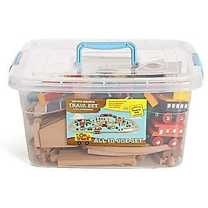On Track USA Wooden Train Set 100 Piece All in One Wooden Toy Train Tracks Set with Magnetic Trains and Railway Accessories, Comes in A Clear Container, Compatible with All Major Brands