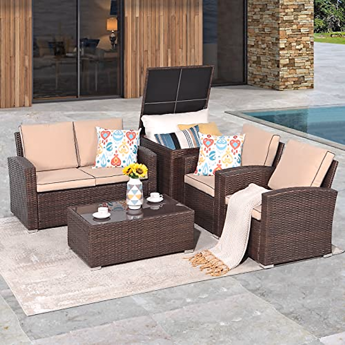 JOIVI PE Wicker Patio Furniture Set, 5 Piece Outdoor Sectional Conversation Sofa Set with Storage Box, Brown Rattan Loveseat Couch Sofa and Tempered Glass Table, Beige Cushions