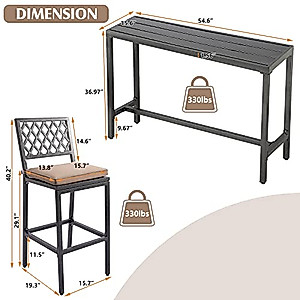 ONLYCTR Outdoor Bar Chairs and Table, Metal Outdoor Bar Set, 3 Piece Patio Bar Table Set with Bar Stools & Cushions for Backyard, Porch, Bistro, Balcony (Gray, 55" Table, 2 X-Back stools)