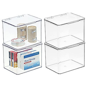 mDesign Plastic Bathroom Storage Organizer Box with Hinge Lid for Closet, Shelf, Cupboard, or Vanity, Hold Medicine, Soap, Lotion, Cotton Swabs, Masks, Styling Tools, Lumiere Collection, 4 Pack, Clear