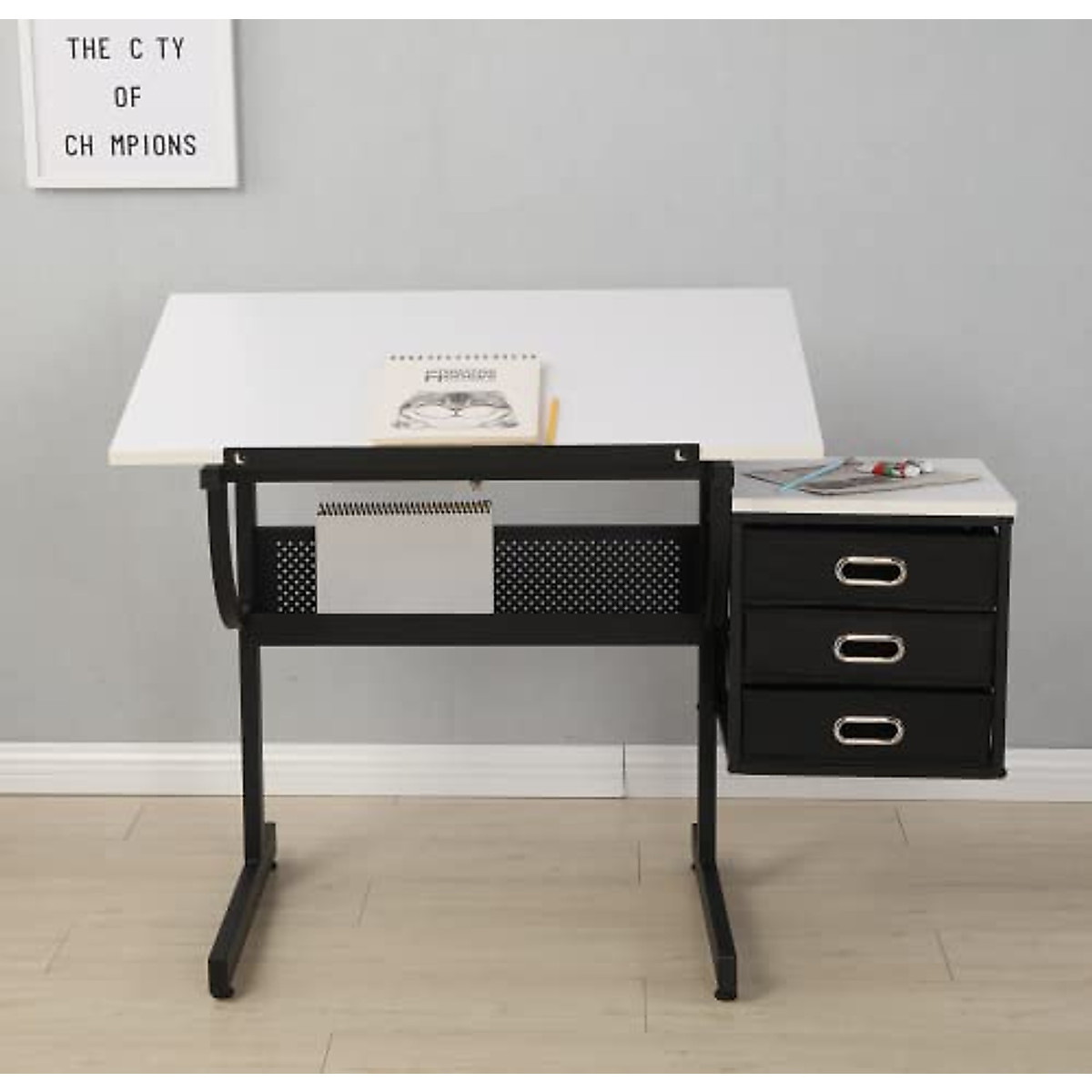 Lamerge Drafting Table with Stool, Drawing Desk for Adults/Artists with 3 Storage Drawers, Tabletop Adjustable 0-75° Tilting for Reading Writing Work Home Office, White