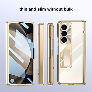 Libeagle Compatible with Samsung Galaxy Z Fold 5 Case, Non-Yellow Clear Back, Electroplated Frame, Full Hinge Protection, Screen Protector, Magnetic Stand, Thin and Slim Phone Cover 5G 2023, Gold