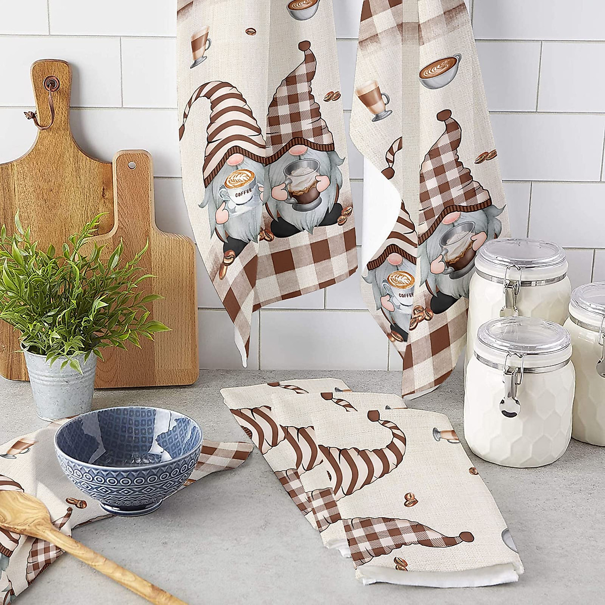 Segard Kitchen Towels Dish Towel Set of 1,Gnome Coffee Cup Bean Retro Linen Absorbent Hand Towels Cleaning Dishcloth Tea Towels,Dwarf Brown Plaid Reusable Drying Dish Cloths