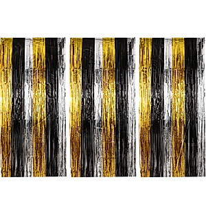 Sumind 3 Pack Metallic Tinsel Curtains, Foil Fringe Shimmer Curtain Door Window Decoration for Birthday Wedding Party (Gold, Silver with Black)