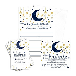 Twinkle Little Star Baby Shower Invitation Bundle (25 of Each) Blank Invites with Envelopes for Boys Diaper Raffle Insert and Bring a Book Insert Cards Set Navy and Gold Theme Celestial