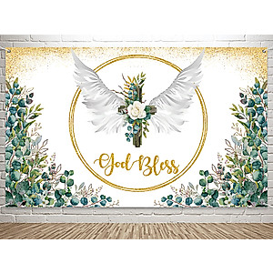 Remagr God Bless Backdrop First Communion Baptism Christening Party Decorations Banner Green Leaves Newborn Baby Shower Photography Background Favors Supplies Photo Booth, 71 x 43 in, One Size