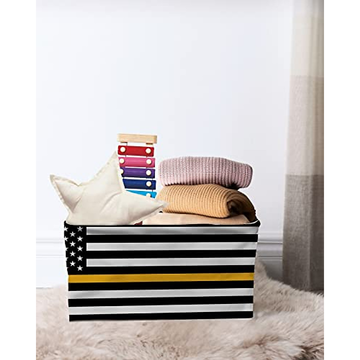 Large Capacity Storage Bins Thin Gold Line Dispatchers Dispatch Communications Officer American Flag Storage Cubes, Collapsible Storage Baskets for Organizing for Bedroom Closet Home 15x11x9.5 In