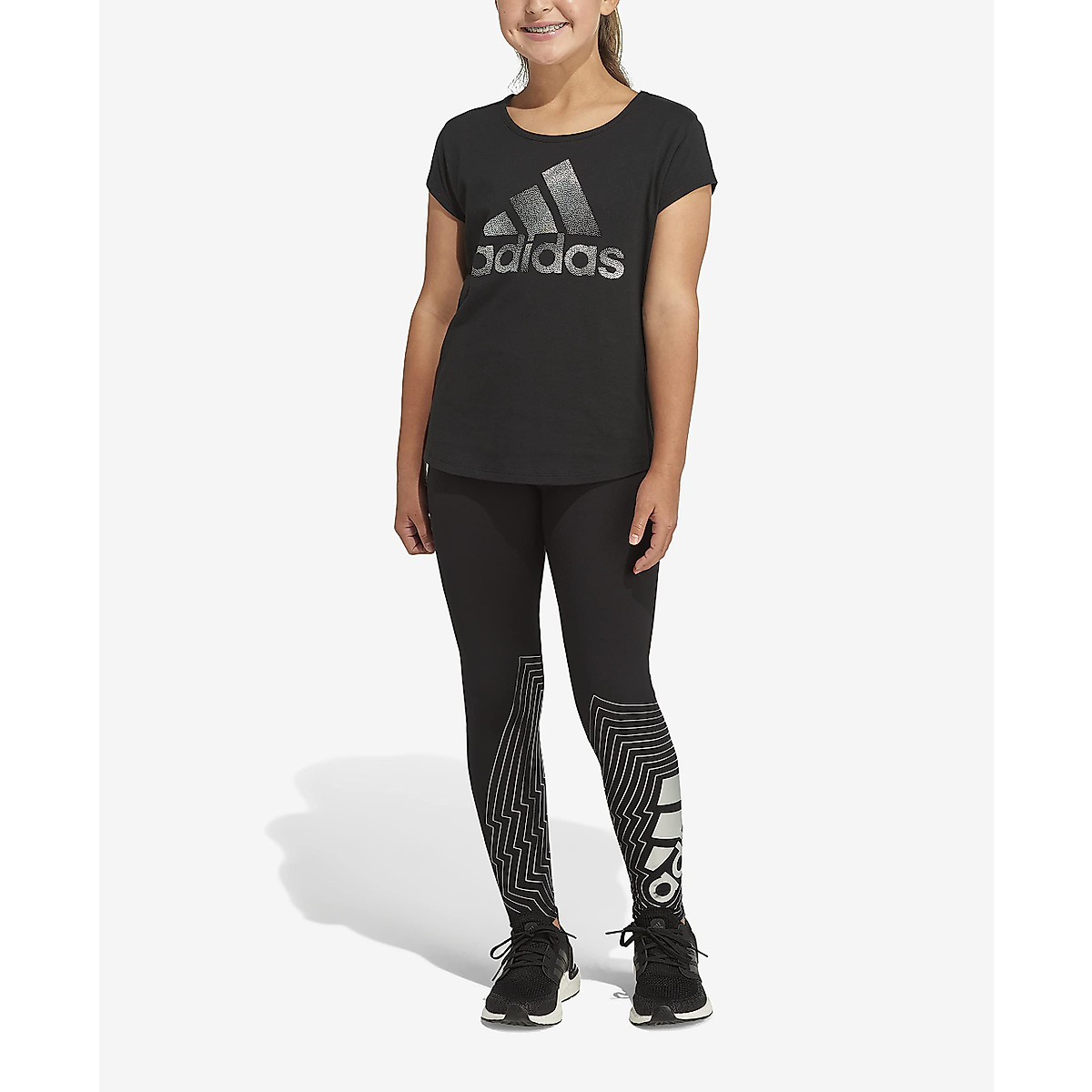 adidas girls Glam Graphic Tights Pants, Black With Silver, Large US