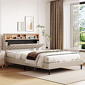 Merax Modern Upholstered Bed Frame with Storage Headboard and USB Port Wood Platform Bed No Box Spring Needed/Space Saving Queen, Beige