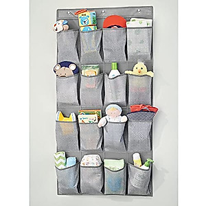 mDesign Soft Fabric Over the Door Hanging Storage Organizer with 16 Deep Pockets for Child/Kids Room, Nursery, Playroom - Metal Hooks Included - Herringbone Print - Gray