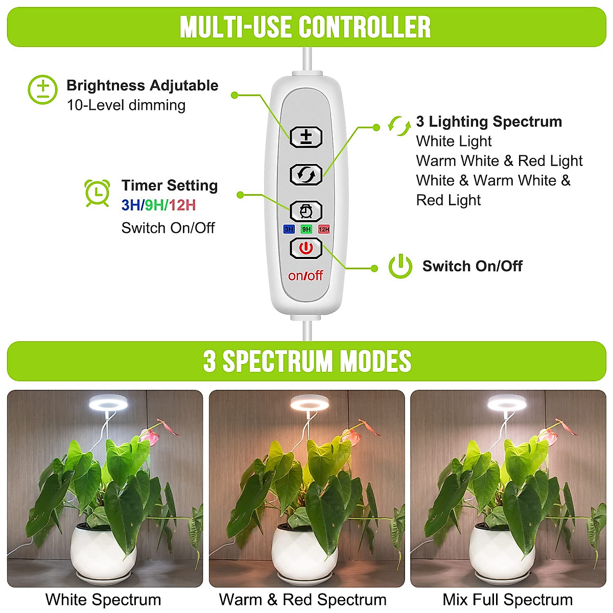 Kullsinss Grow Lights for Indoor Plants, Full Spectrum Halo Growing lamp with Detachable Base, Height Adjustable, 3 Colors, 10 Dimming, Automatic Timer, Plant Light for Small Plants Growing, 2-Pack