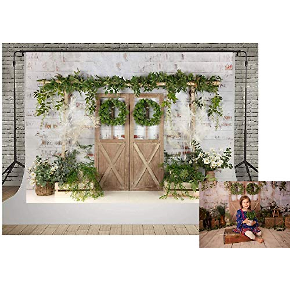 Kate White Painted Brick Wall Wood Door Photography Backdrops 7x5ft Spring Green Grass and Flowers Photo Backgrounds Baby Shower Backdrop Photoshoot Props