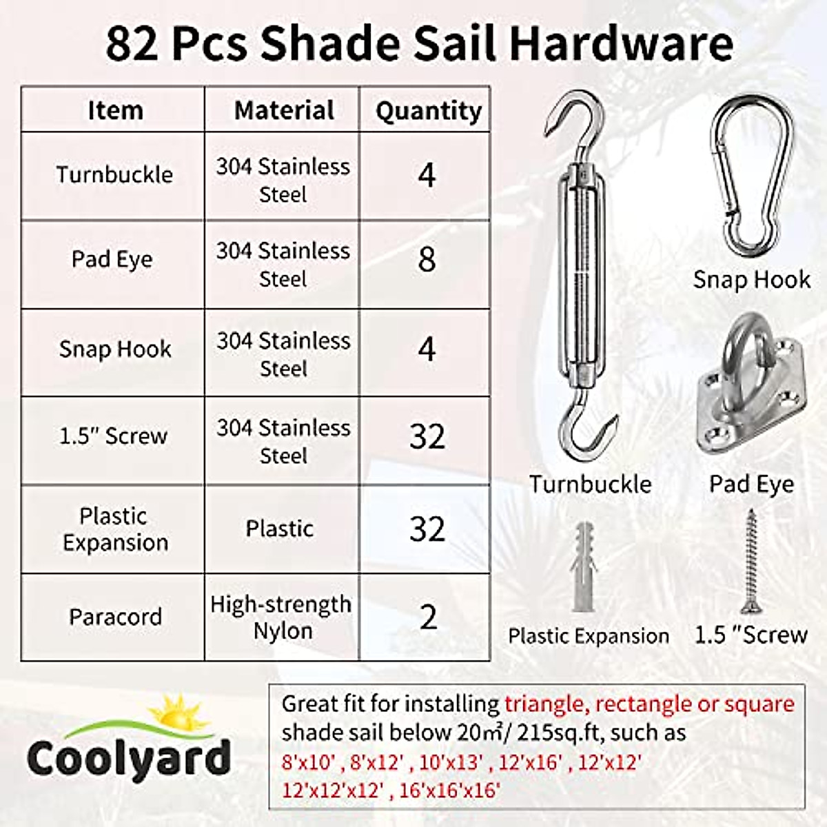 Coolyard 82 Pcs Sun Sail Shade Hardware Kit,Shade Sail Installation Kit 6 inch with Paracord Ropes for Triangle Rectangle Square Sun Shade Sails