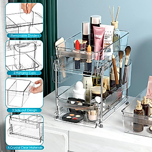 2 Tier Clear Organizer with Dividers, Multi-Purpose Pull Out Storage Container with Hanging Cups, Clear Under Sink Organizers, Bathroom Kitchen Pantry Storage, Medicine Cabinet Organizer(2 SET)