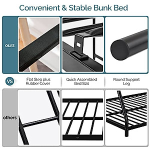 VINGLI Twin Loft Bed with Stairs, Metal Loft Bunk Bed with Safety Guard Rails & Flat Ladder Rung/Rubber Cover for Kids Teens Adults, Black