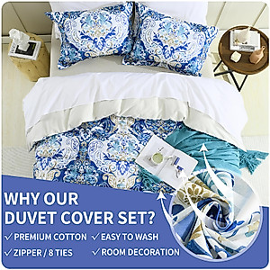 Quilta Blue Damask Duvet Cover King 3 Pieces Bedding Set 104"x90", Vintage Boho Medallion Reversible Pattern Duvet Cover with 2 Pillowshams, Comforter Not Included, Blue/White/Brown