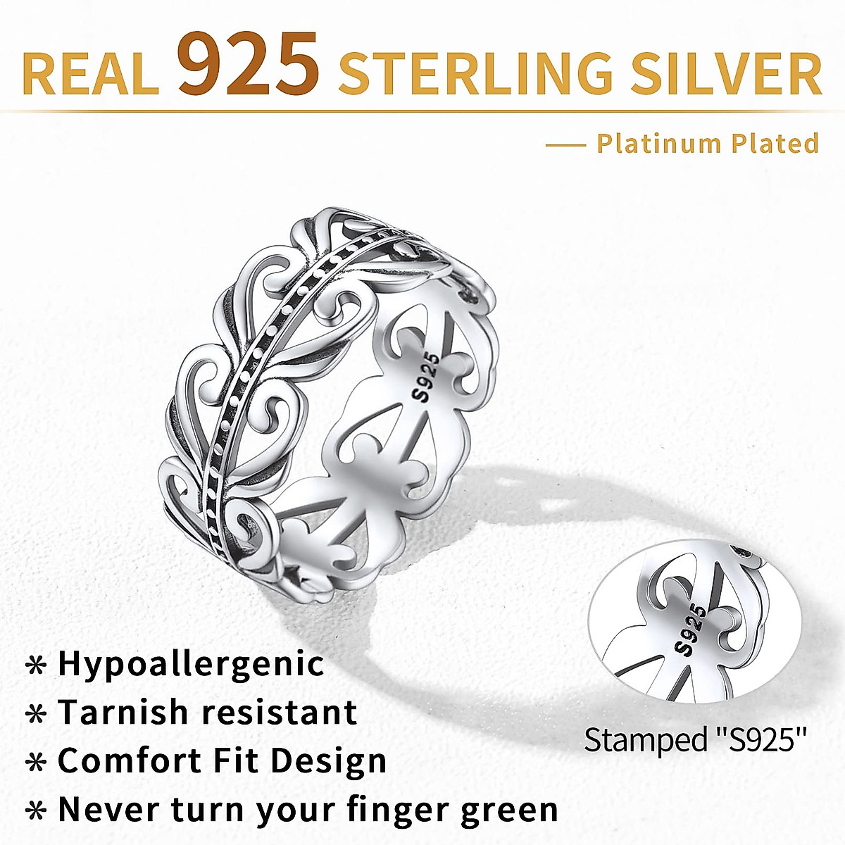 ChicSilver Men 925 Sterling Silver Stacking Ring 8mm Retro Filigree Vine Leaf Statement Ring Celtic Eternity Wedding Band for Women Size 13