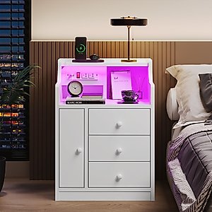 ADORNEVE LED Nightstand with Charging Station,Night Stand with Hutch for bedroom,Bedside Table with Drawers,Modern End Table,White