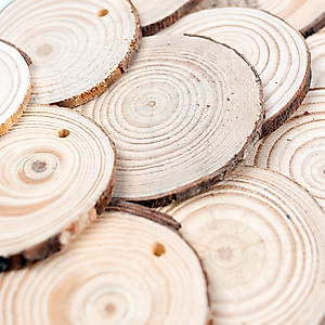 LovesTown 50pcs DIY Craft Unfinished Wood kit,2.4-3 Inches Bark Wood Slices Unfinished Wood Disc with Hole DIY Wooden Ornaments for Wedding Decorations Christmas Ornaments