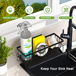 VANZBON Sink Caddy Sponge Holder for Kitchen Sink with Stainless Steel Self Drain Tray,Rustproof Kitchen Sink Organizer for Sponge,Soap Dispenser Storage Kitchen Accessories,Black