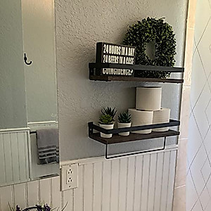 YCOCO Floating Shelves for Wall Set of 2,Rustic Wall Mounted Storage Wood Shelf with Towel Holder Rack for Bathroom, Bedroom,Living Room,Kitchen,Office,Black