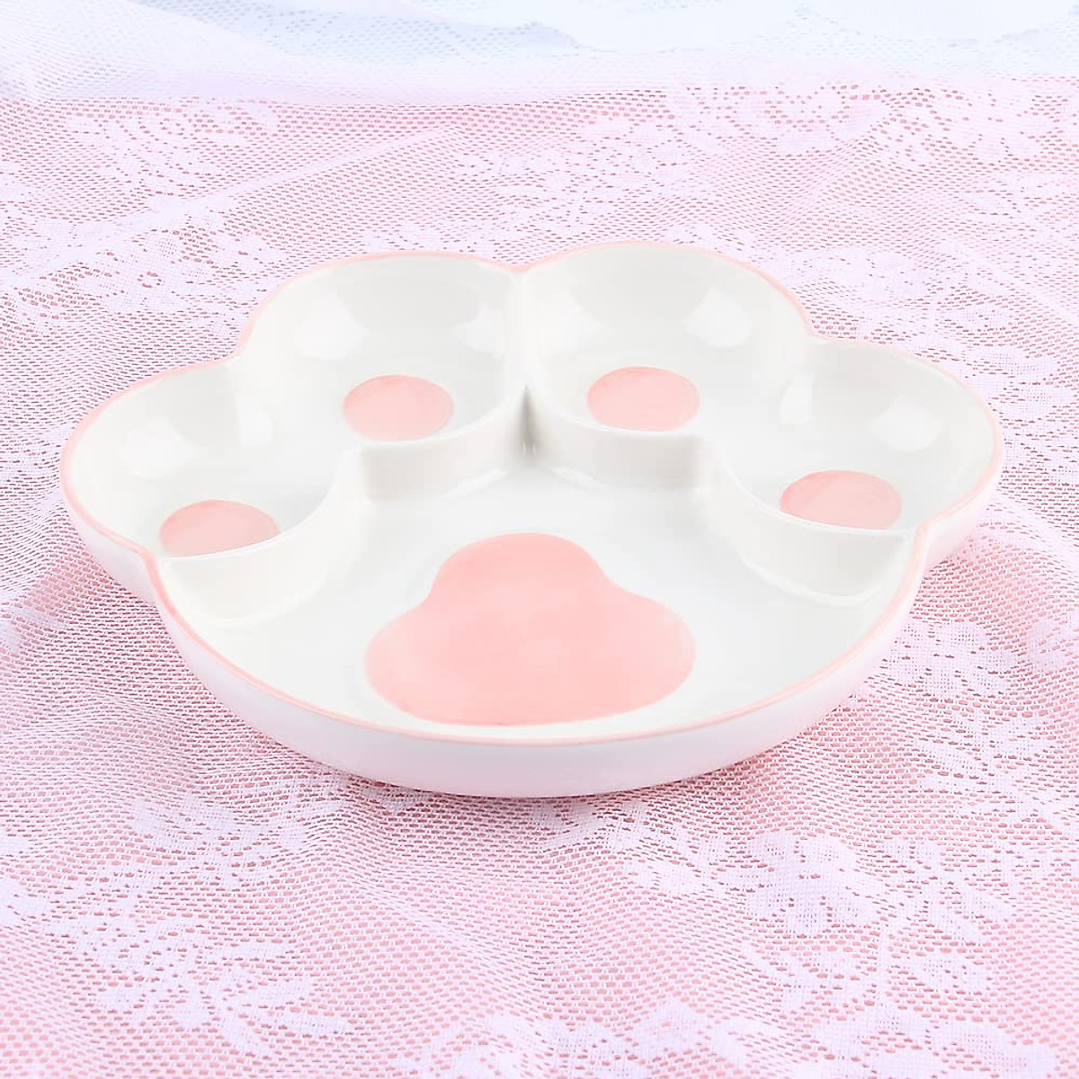 HOKMOKQOK Porcelain Divided Serving Dishes,Ceramics Cat Paw Relish Tray,Candy bowl,Cute Compartment Serving Bowls for Party Christmas Perfect for Chips and Dip, Veggies, Candy and Snacks Pink 8.5inch
