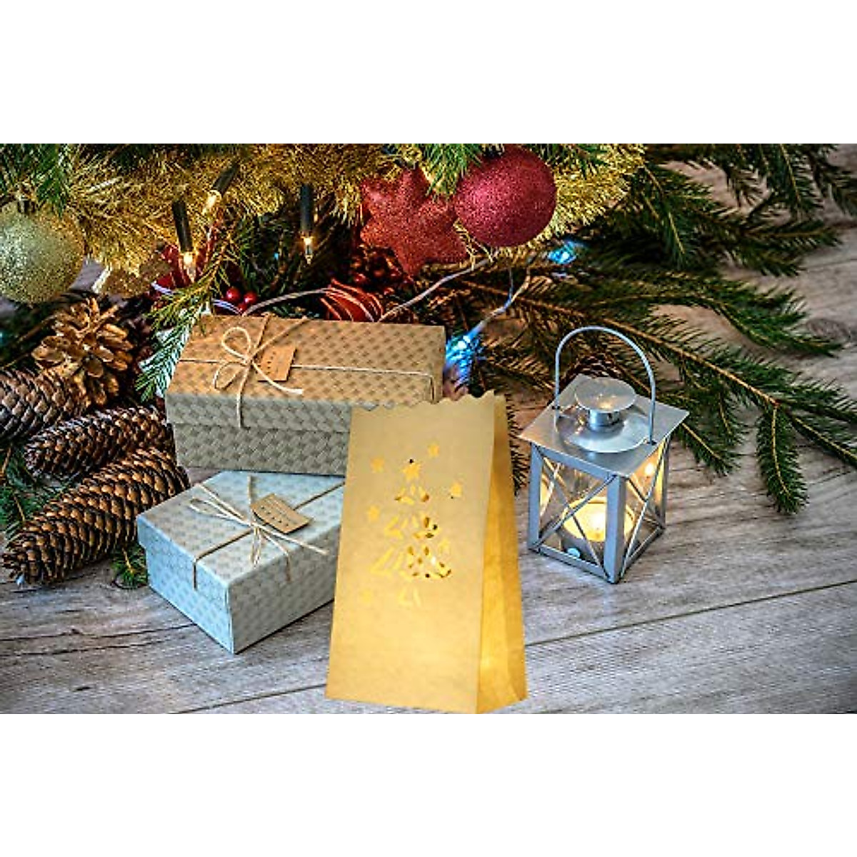 Onene 10 Pcs White Luminary Bags, Candle Bag with Christmas Tree Design, Durable and Reusable Fire-Retardant Cotton Material Paper Lantern Bags for Christmas Holiday Outdoor, New Year Occasion