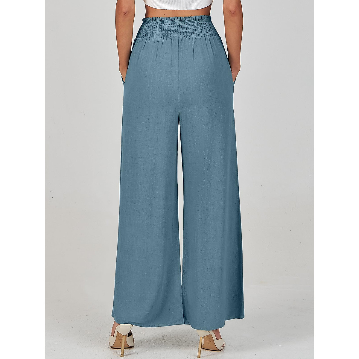 ANRABESS Women's Linen Pants Summer Casual Palazzo Beach Pant Drawstring High Waist Wide Leg Trousers Vacation Outfits Small Lake Blue