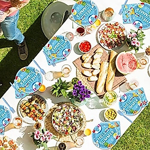 96 Pieces Pool Party Tableware Set for Summer Beach Table Decorations Supplies Beach Ball Birthday Dessert Plates Summer Pool Party Napkins Forks for 24 Guests Hawaiian Pool Birthday Party Favors