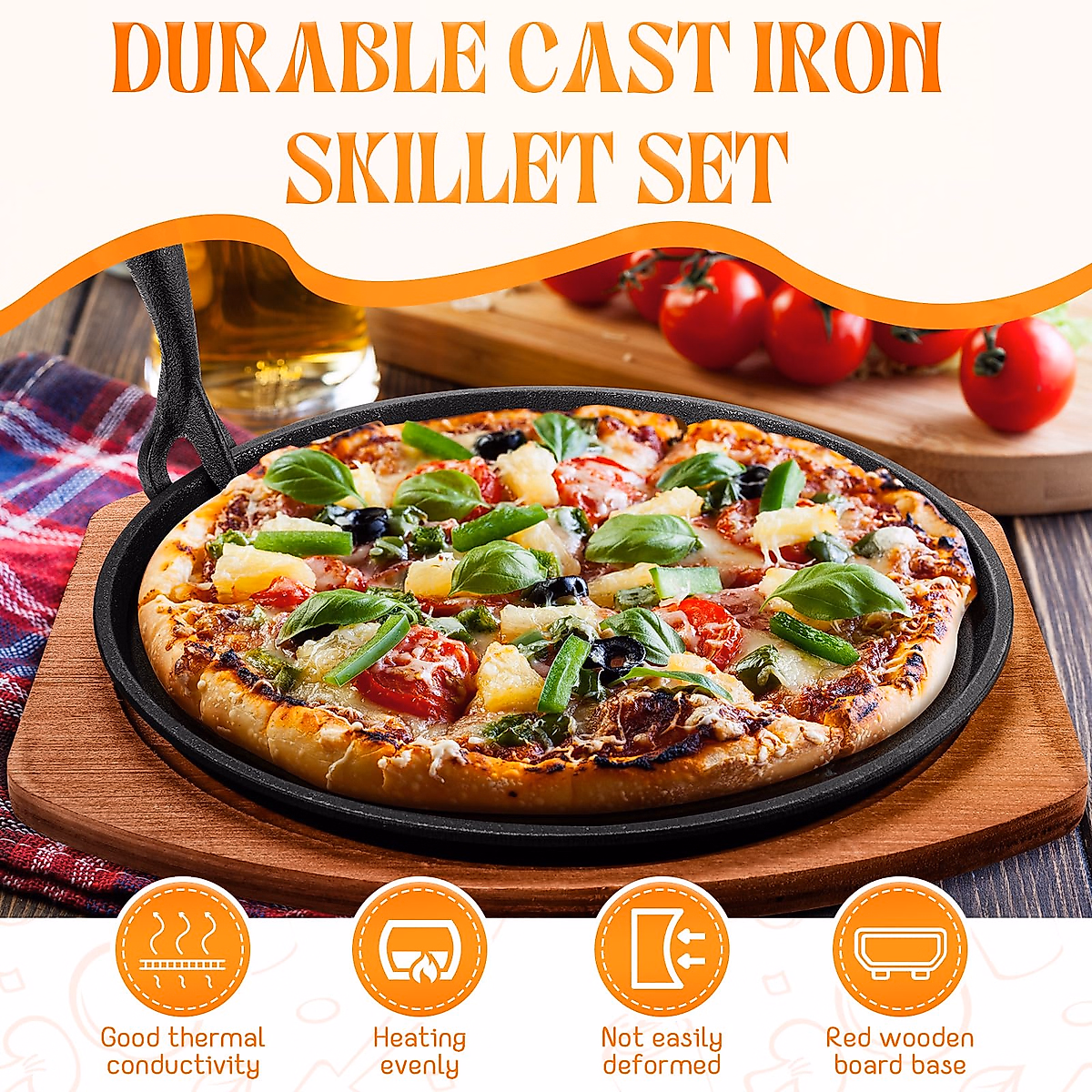 Mimorou 4 Sets Cast Iron Fajita Plate Set 9.84'' Steak Plate Sizzling Pan with Wooden Base and Gripper for Home Restaurant Kitchen Catering Cooking for Grilling Meats Seafood