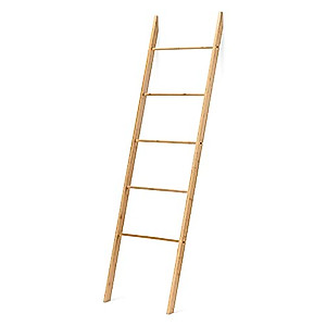 Navaris Bamboo Towel Ladder - Wood Rack for Towels, Clothes, Blankets - Wall Leaning Wooden Rack for Bathroom, Bedroom - 5-Tier Towel Holder Stand