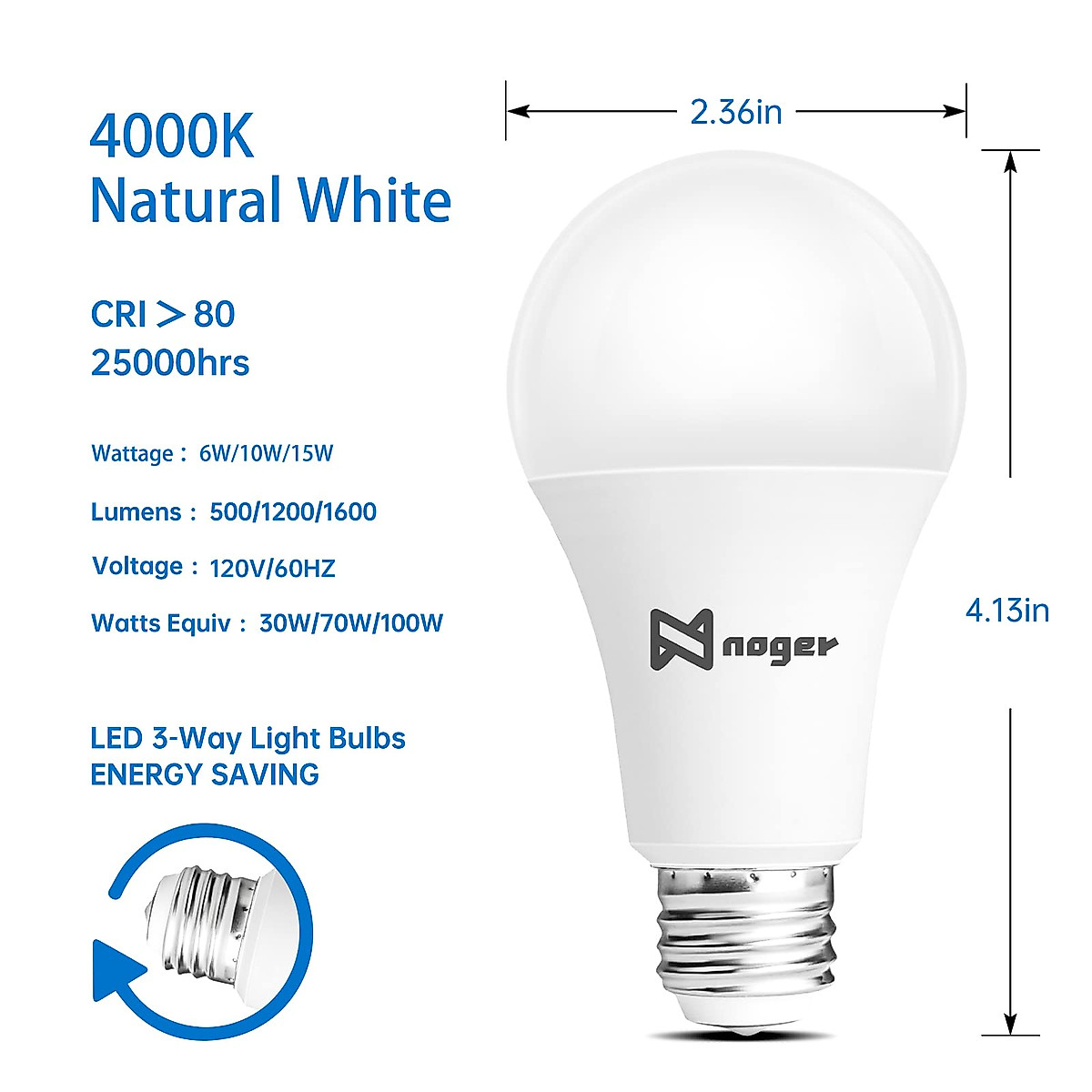 Noger 3 Way Light Bulbs A19, 30 70 100W Equivalent, 4000K Natural White, 3 Way E26 Light Bulbs for Reading, 500-1200-1600LM, 2 Pack
