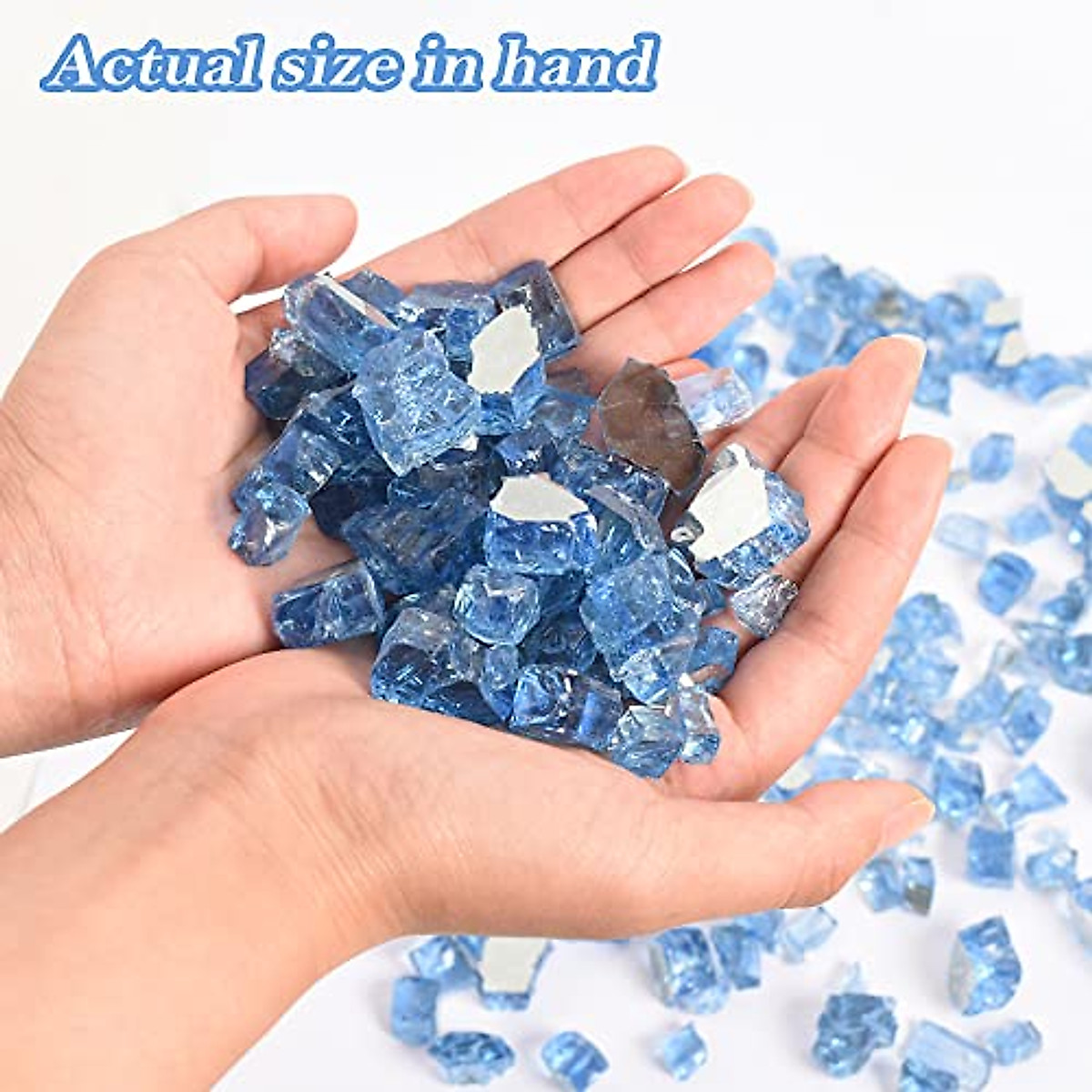 HOKPA Reflective Tempered Fire Glass 1lb, Blue Crushed Glass Fire Pit Glass Fire Gems Chips for Fire Pit Patio Fireplace Decoration Vase Filler